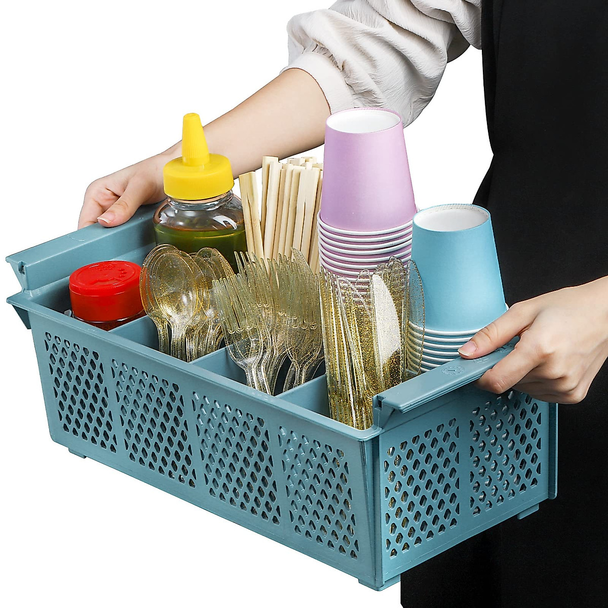 Nicunom Utensil Caddy Silverware Holder with 8 Slots, Kitchen Cutlery Organizer for Spoon, Napkin, Fork, Knives, Cups - Flatware Rack Condiment Caddy for Camping RV BBQ Picnic Party