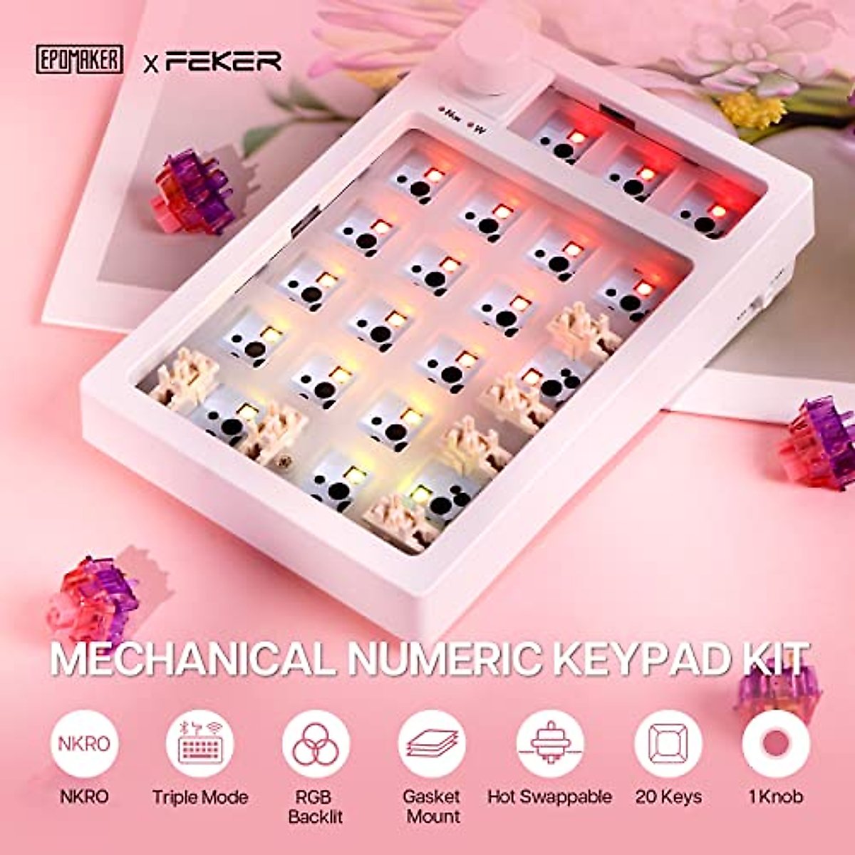 EPOMAKER FEKER JJK21 20 Keys Mechanical Numpad Kit, Gasket Mount Hot Swappable Bluetooth 5.0/2.4GHz/Wired Numeric Keypad with a Rotary Knob, 1500mAh Battery, Compatible with 3/5Pin Switches