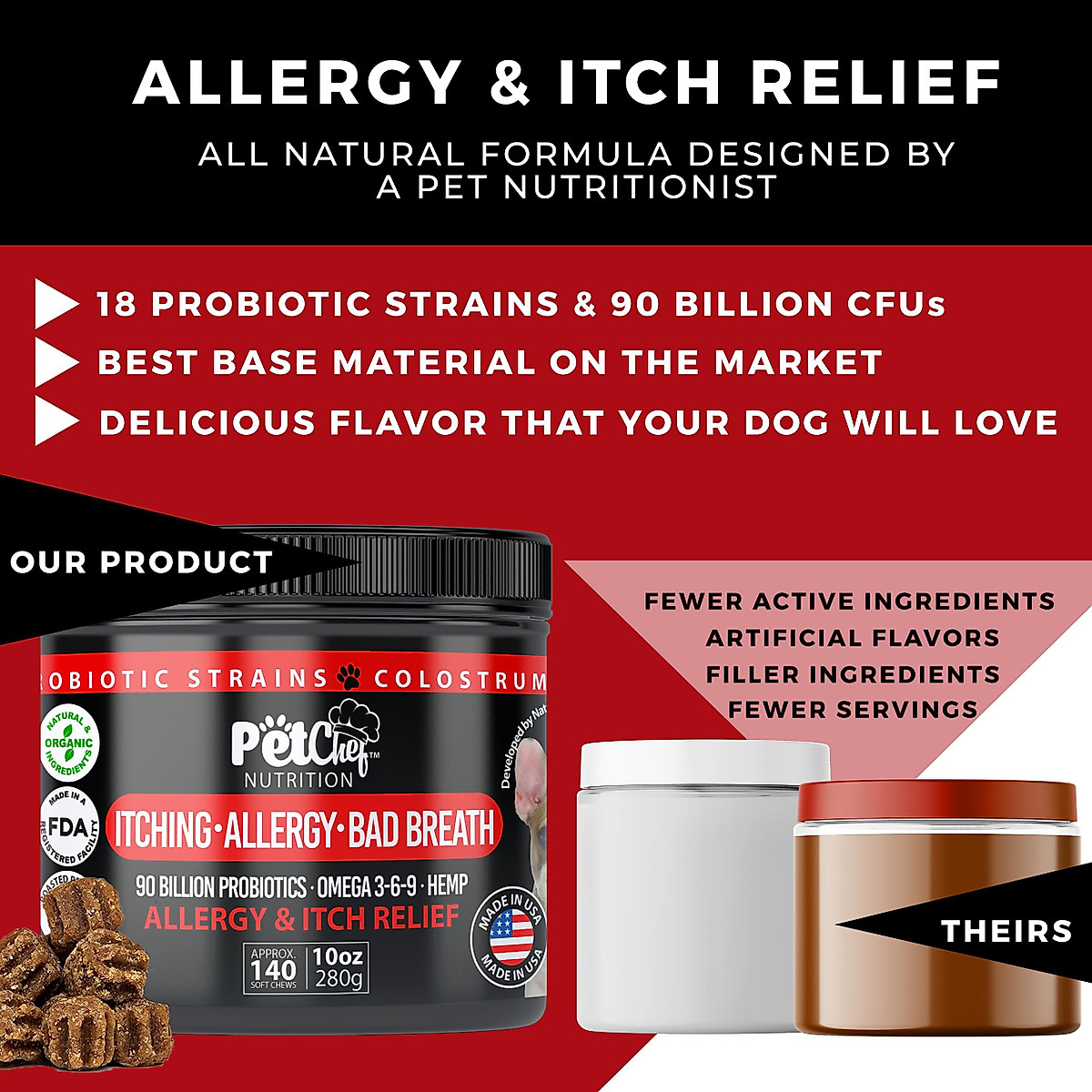 Pet Chef Allergy Defender - Natural Dog Allergy Relief Chews - Effective Medicine for All Dog Allergies, Environment & Household Irritant Prevention - Safe & Strong Dog Allergy Supplements for Dogs