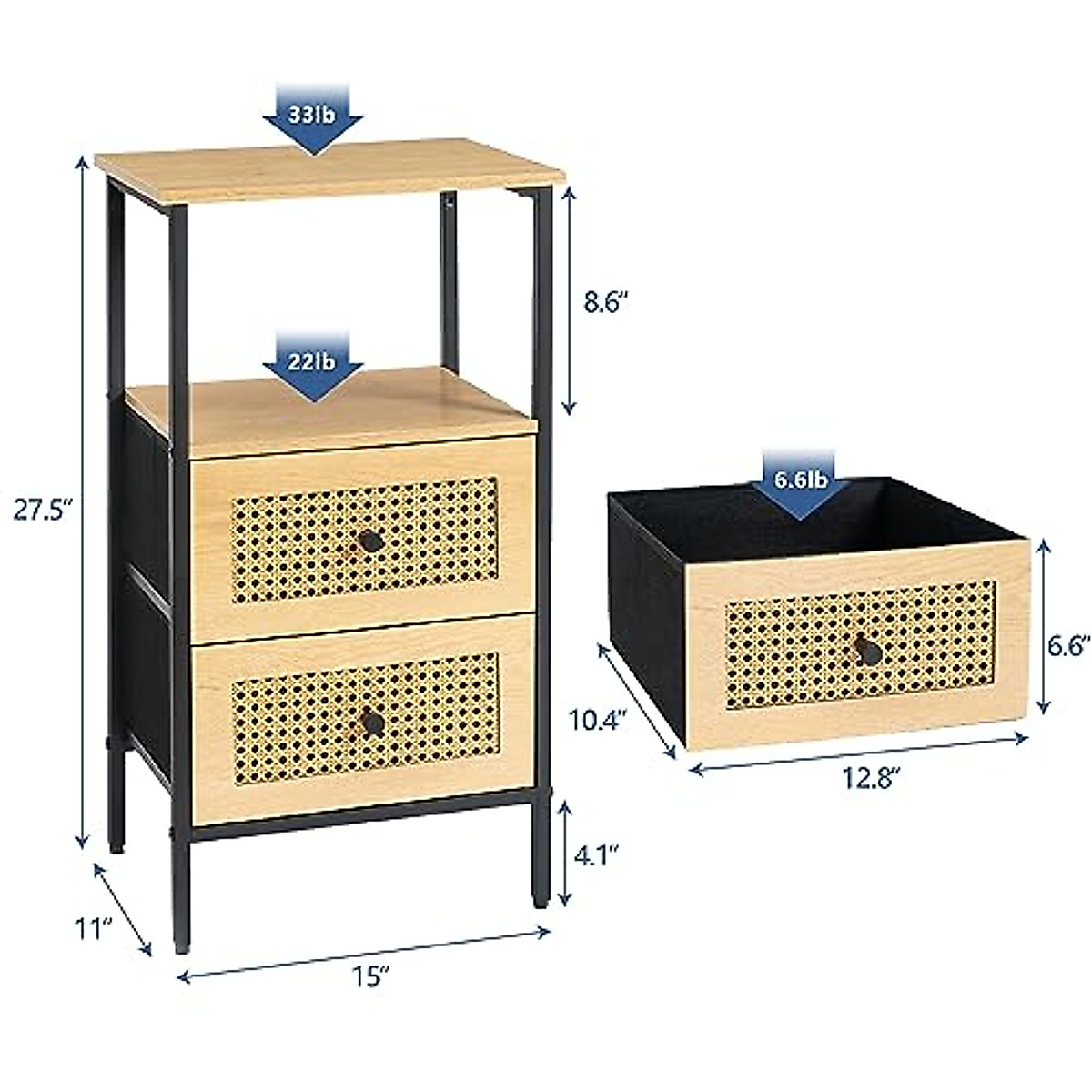 DOVAMY Rattan Nightstand with 2 Drawers, End Table for Small Spaces, Side Table with Storage for Bedroom, Living Room, Dorm, 27.5'' Bed Stand with Open Shelf, Beige BN03B