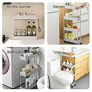 Slim Storage Cart, DILUOOU 3 Tier Rolling cart Bathroom Storage Shelving Organizer Slide Out Storage Cart for Kitchen Bathroom Laundry Narrow Place