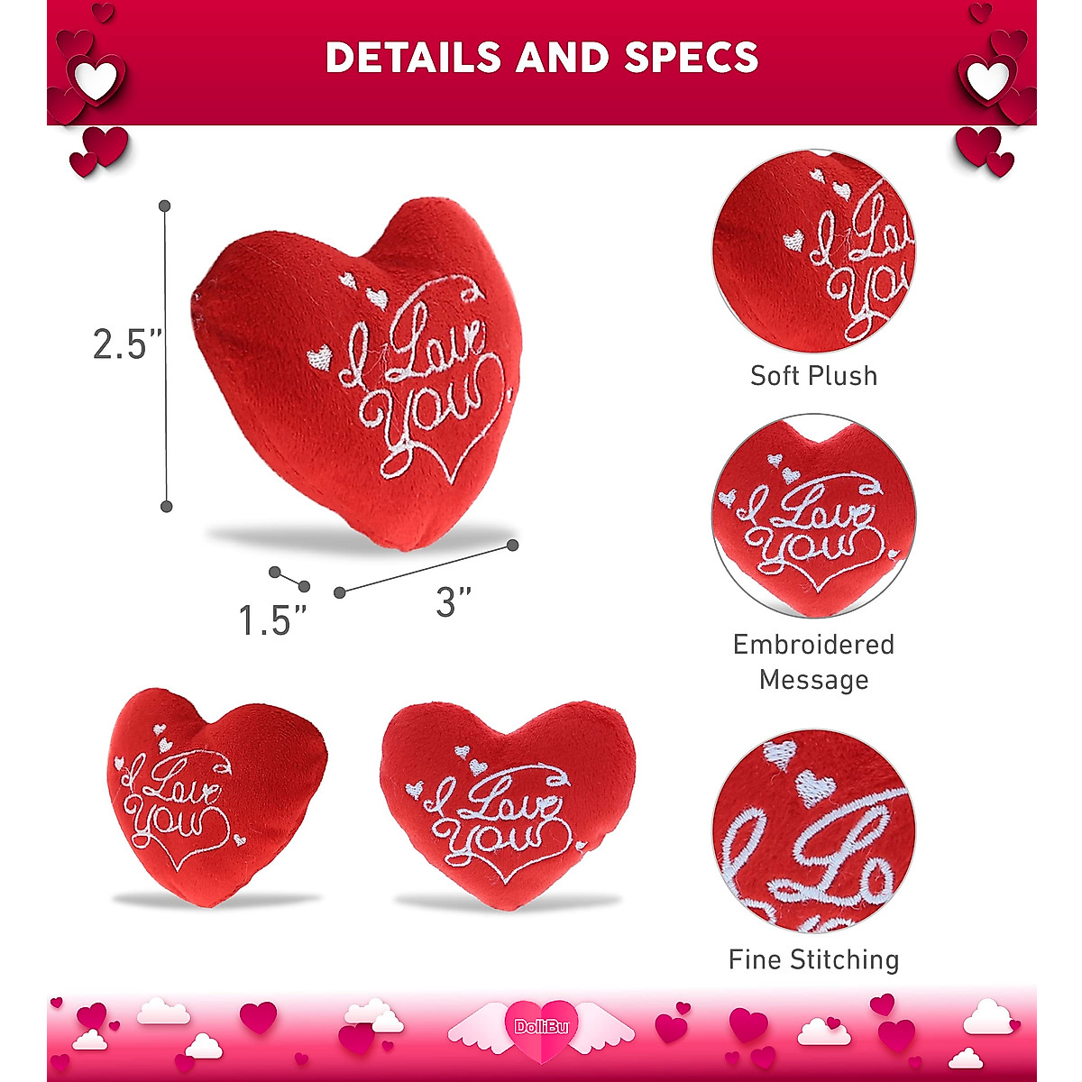DolliBu I Love You Red Heart Plush - Mini Stuffed Heart Plush Toy, Special Anniversary Valentines Day Heart Plush Accent, Cute Small Heart Shaped Plush Decor, Romantic Stuffed Animals Heart- 3 Inches