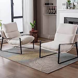 Ya-Home Mid-Century Accent Chair, Comfy Sherpa Fabric Side Chair with Armrest, Upholstered Leisure Chair with Black Metal Frame for Living Room Bedroom Reception Room, White