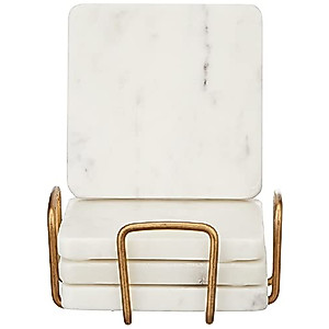 Queenza Marble Coasters with Holder, Set of 4 Gold Coasters for Drinks , 4 Inch Modern Coasters for Coffee Table - Natural White Coasters with Padded Bottom