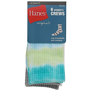 Hanes Originals Ultimate Women's, Ankle and No Show Socks, 6-Pack, Crew-Tie Dye Blue Green/Grey Assorted6 Pack, 5-9