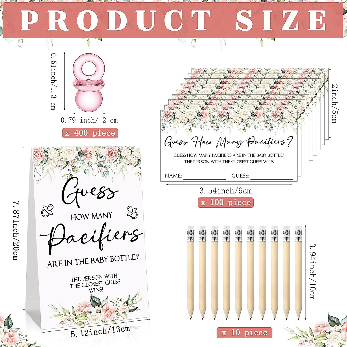 Roowest 512 Pcs Baby Shower Games Guess How Many Pacifiers Greenery Game Sign 100 Small Guessing Games 10 HB Pencils 750ml Milk Bottle 400 Acrylic Pacifiers Decoration Guest Gender Reveal(Pink,Flower)