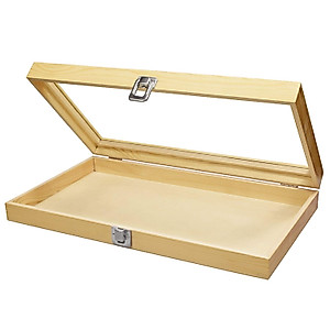 MOOCA Wooden Jewelry Display Case, Jewelry Organizer Case with Tempered Glass Top Lid & Removable Black Luxurious MDF Velvet Jewelry Display Pad, Natural Wood Colo