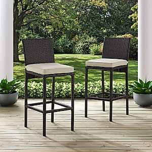 Crosley Furniture Palm Harbor Wicker Outdoor Bar Stools, Set of 2, Patio Furniture for Backyard, Balcony, Brown with Sand Cushion