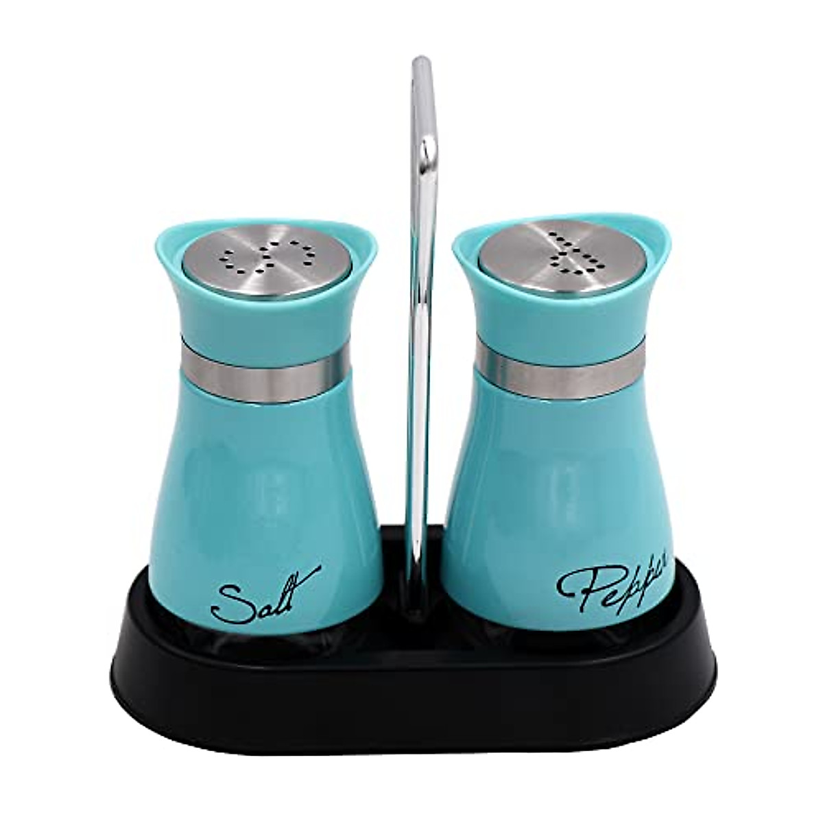 2 PCS - Stainless Steel and Glass Salt and Pepper Shaker Sets with Holder (BLUE)