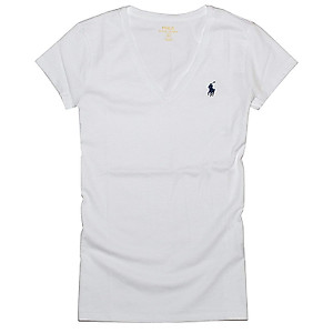 Polo Ralph Lauren Women Cotton V-neck Logo Tee (L, White)