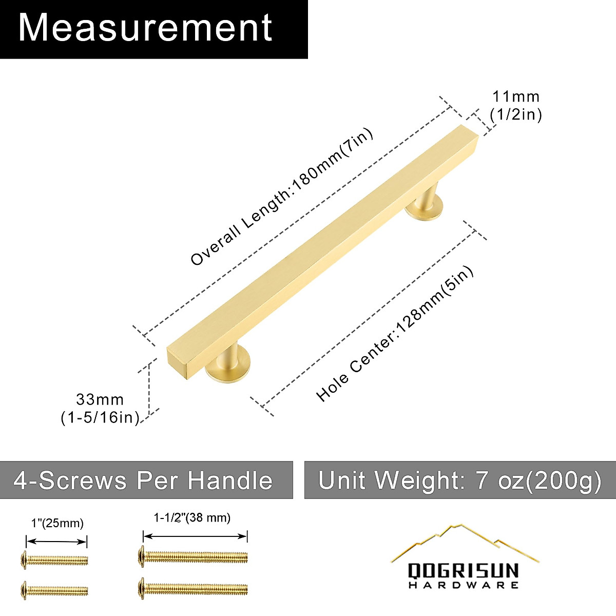 QOGRISUN 2-Pack Solid Brass Cabinet Handles, Gold Square T Bar Cabinet Pulls, 5 Inch Hole Center for Kitchen Dresser Drawer Cupboard, Brushed Brass Finish
