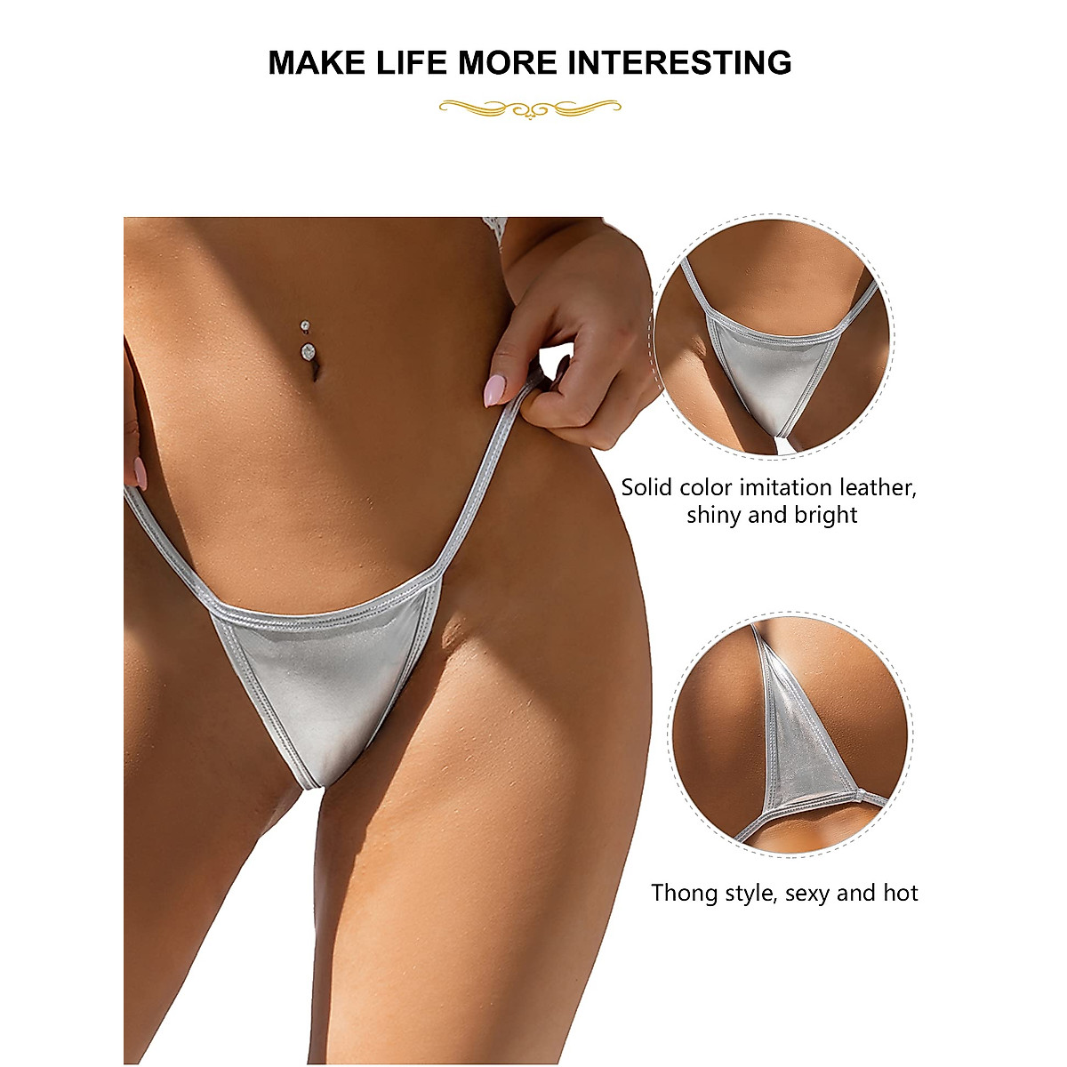 ohyeah Women’s Glossy Silver G-String Micro Thong Sexy Bikini Underwear Tangas Panties Metallic T-Back Thongs for Women Sexy Low Rise Underwear Panties 2XL