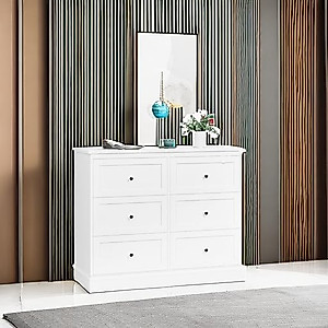 FOTOSOK White Dresser, 6 Drawer Dresser White, Modern Double Chest with Deep Drawers, Wide Storage Organizer Cabinet for Living Room Home