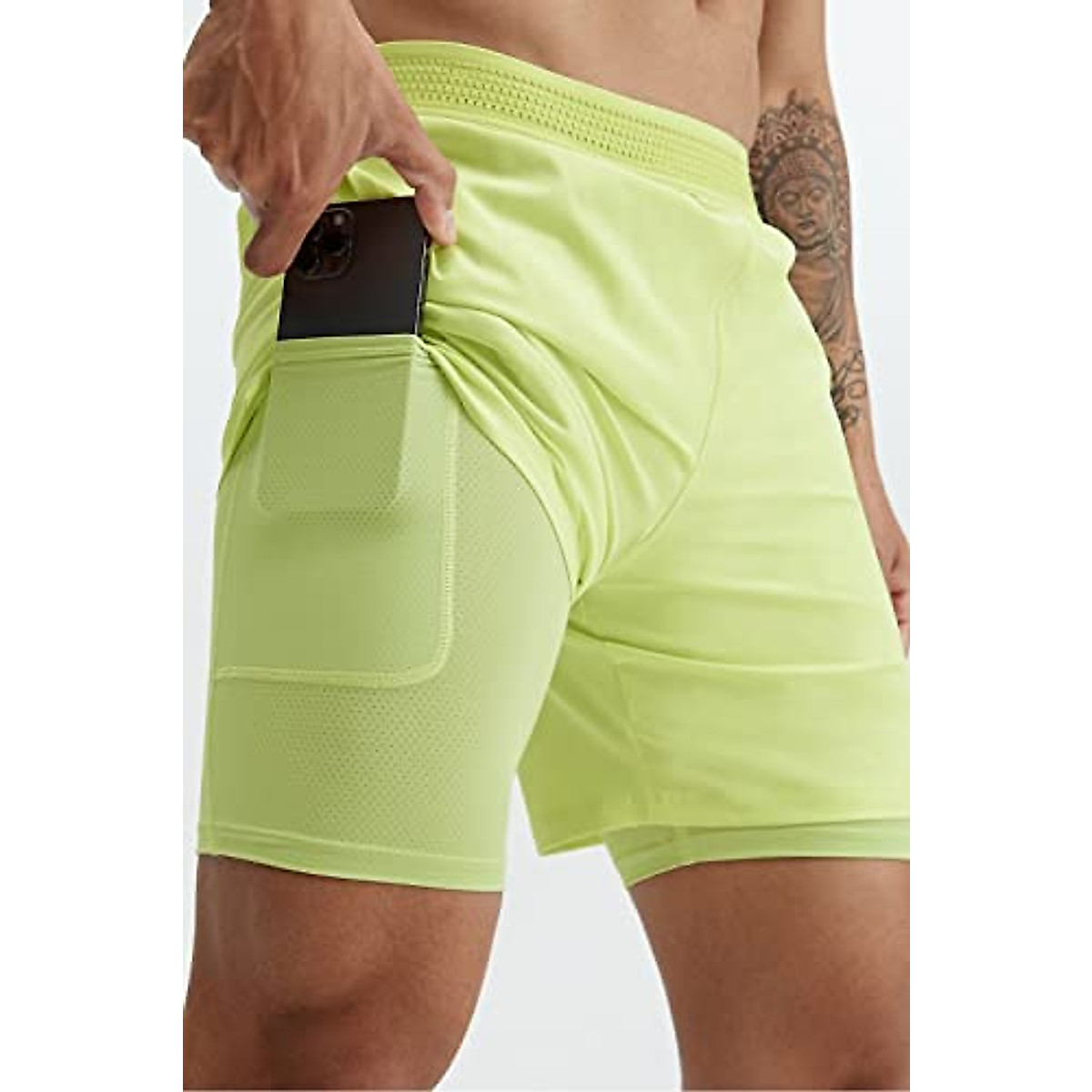Fabletics Men's The Fundamental Short (Lined), Workout, Running, Training, Gym, Yoga, Ultra Lightweight, Athletic, 7" Inseam, M, Faded Lime