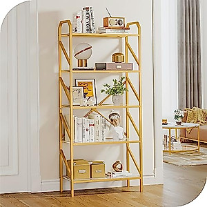 DWVO 5 Tiers Gold Bookshelf, 62" Modern Metal Open Marble Glass Bookcase with Metal Frame, Tall Display Rack Storage Book Shelves, for Living Room, Bedroom, Gold