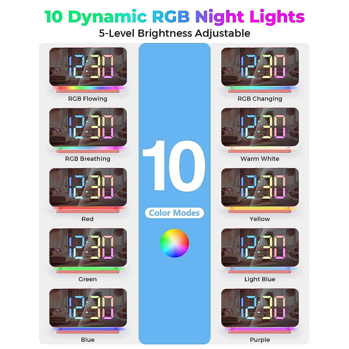 SZELAM Alarm Clock for Bedroom,7.4" Mirror Digital Clocks Large Display,with RGB Night Light, USB C Charger Port,Auto Dimming,LED Desk Clock for Kid Teen Girl Adults Room - Pink