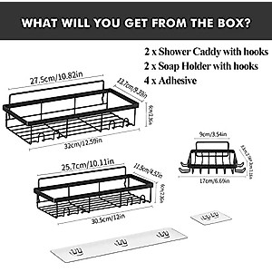 Shower Caddy Organizer & Soap Dish Holder Set, 4PCS with Removable Self Adhesive Hooks Shelf Basket Shelves for Shampoo Small Essentials Storage Bathroom Organization Kitchen Accessories Spice Racks