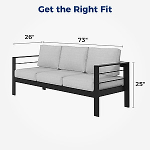 Wisteria Lane Patio Furniture Aluminum Sofa, All-Weather Outdoor 3 Seats Couch, Black Metal Chair with Light Grey Cushions