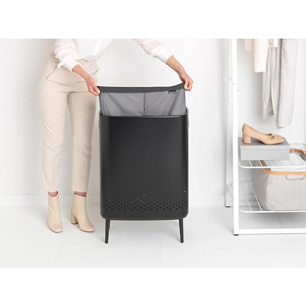 Brabantia Bo Laundry Hamper Hi (Matt Black) 2 Compartment Removable Laundry Bag 2 x 12 Gal, Ventilated Stylish Dirty Clothes Holder, Flat Back, Off-the Ground, Anti-Rust Materials for Bathroom Use
