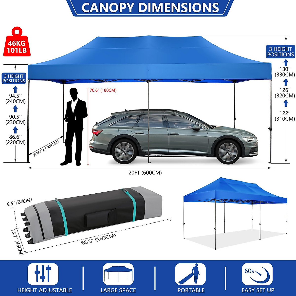 Tooluck 10x20 Heavy Duty Pop up Canopy Tent without Sidewalls Folding Height Adjustable Easy up Canopy UPF 50+ All Weather Waterproof Outdoor Instant Shelter Party Tent with Roller Bag Blue