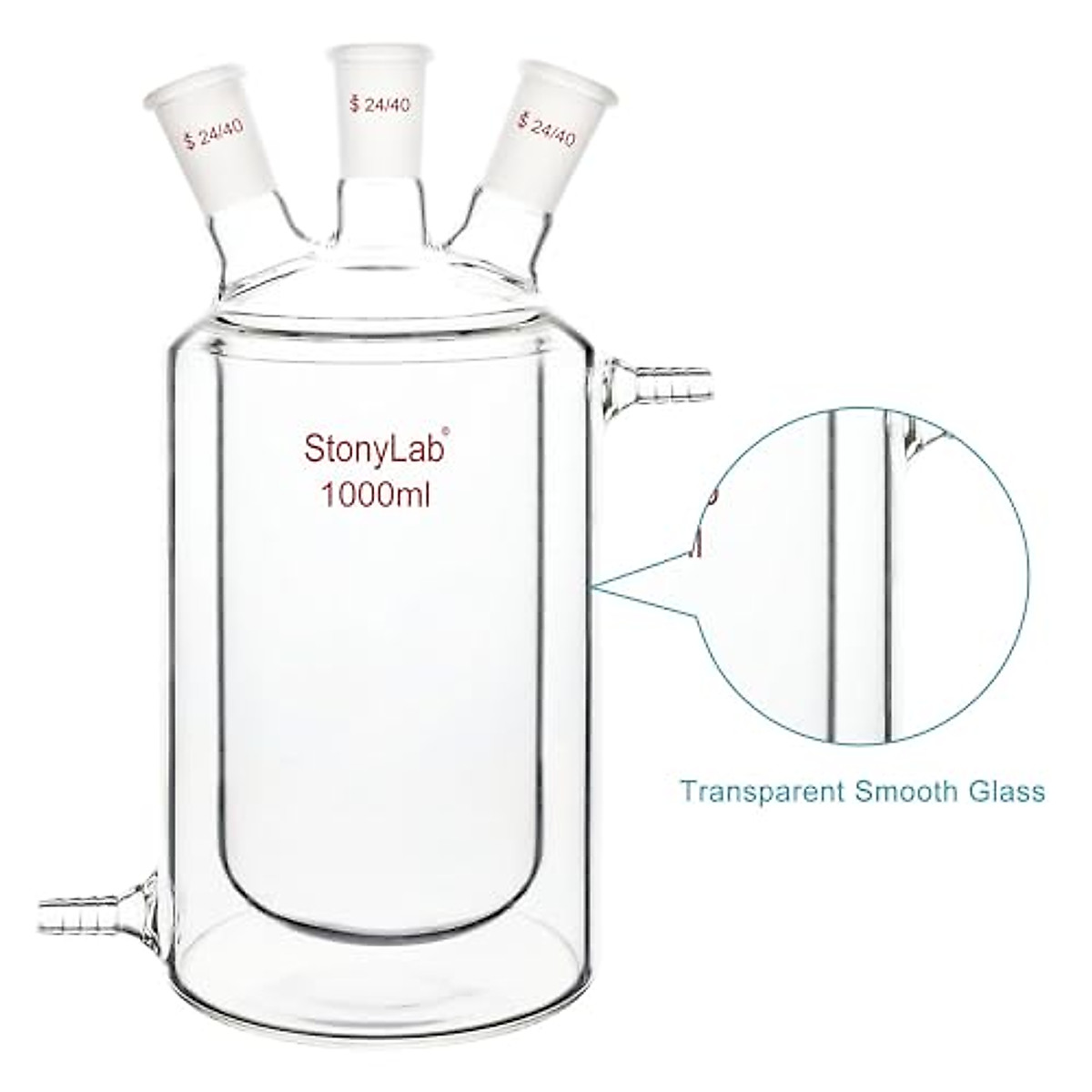 stonylab Jacketed Reaction Flask, Flat Bottom Double Layer Reaction Vessel with Three 24/40 Standard Joints, 1000 ml