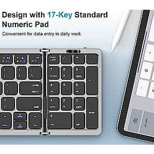 MoKo Foldable Bluetooth Keyboard, Multi-Device Folding Wireless Keyboard with Number Pad, Portable Keyboard for Laptop Tablet Phone, USB-C Rechargeable Travel Keyboard for Windows iOS Android, Gray