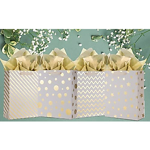 UNIQOOO 12PCS Metallic Gold Christmas Gift Bags Bulk with Handle, Large 12.5 x10 Inch, Assorted Modern Geometric Paper Gift Wrap Bags, For Valentines Day Holiday Birthday Wedding Gift Packaging Decor