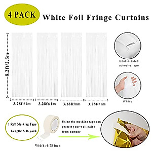Muhome White Foil Fringe Curtain, 4PCS 3.28FT x 8.2FT Tinsel Door Curtains & 1 Masking Tape Fringe Backdrop for Wedding Birthday Bridal Shower Bachelorette Easter Party Decorations