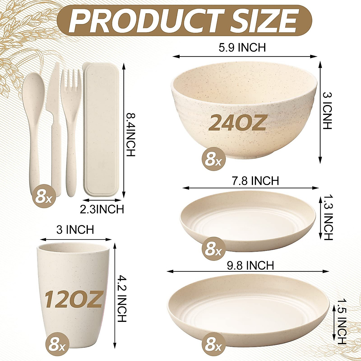 56 Pcs Wheat Straw Dinnerware Sets for 8 Reusable Plates and Bowls Set, Plastic Children Cups, Forks, Knives and Spoon Dishwasher Microwave Safe for Kitchen Camping Party Picnic Outdoor (Beige)