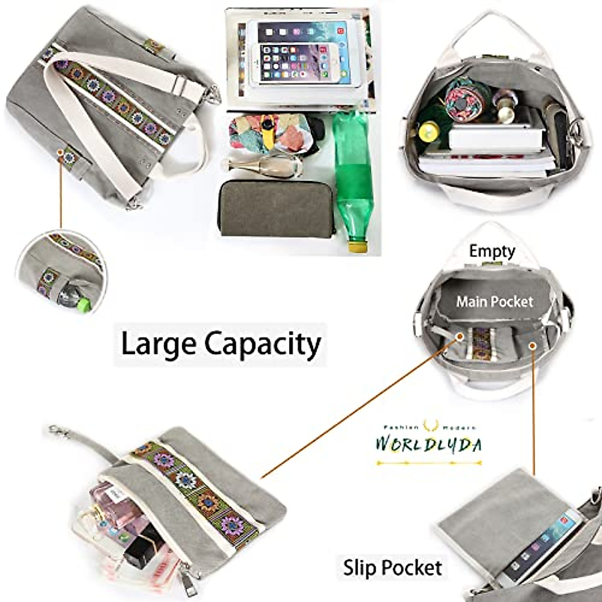 Worldlyda Women Vintage Canvas Tote Retro Hobo Purse Multi Pocket Crossbody Shoulder Bag Casual Top Handle handbag with Embroidery Ethnic (Grey)