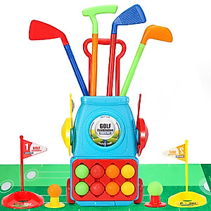 BELLOCHIDDO Toddler Golf Set - Kids Golf Clubs with 8 Balls, 4 Golf Sticks, 2 Practice Holes ＆ a Putting Mat, Indoor & Outdoor Ball Game Play Set Sport Toys Gift for 3 4 5 6+ Year Old