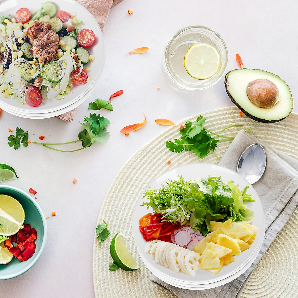 ALLUSEIT Pasta Bowls, 6pcs/28oz Bone Porcelain Bowls Set for Soup and Salad, White Ceramic Serving Bowls and Plate for Kitchen, Wide & Shallow, Microwave & Dishwasher Safe, Φ8inch