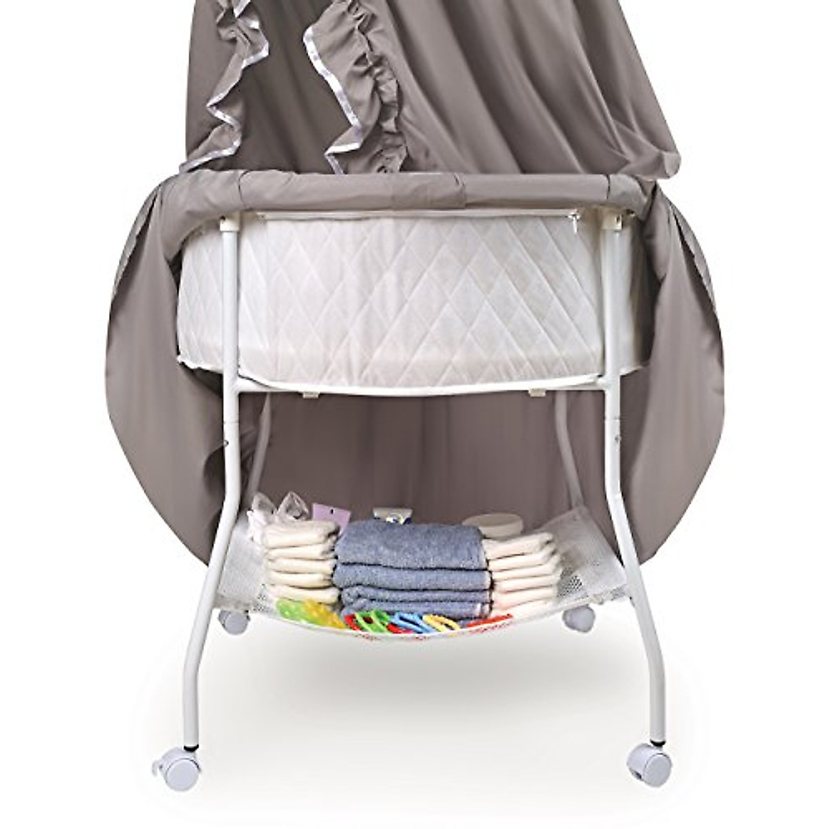 Empress Round Baby Bassinet with Bedding, Pad, and Storage