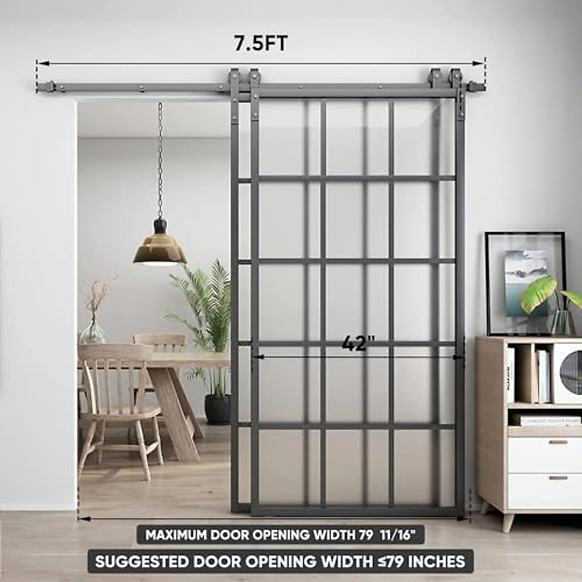 BARNSMITH Bypass Double Glass Barn Door 84 x 84 in with 7.5FT Side-Mounted Hardware Kit, 2 Sets of 42x84 Frosted Glass Aluminum Frame Barn Door,Assemble Required (2 * 42inx 84in)