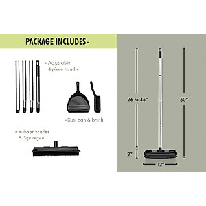 Rubber Bristle Expandable Broom Set with Dustpan & Handheld Rubber Brush for Surface Cleaning, Dust Pet Hair Removal Sofa Sweeping, Built-in Rubber Squeegee Snap, Set of 3, Black