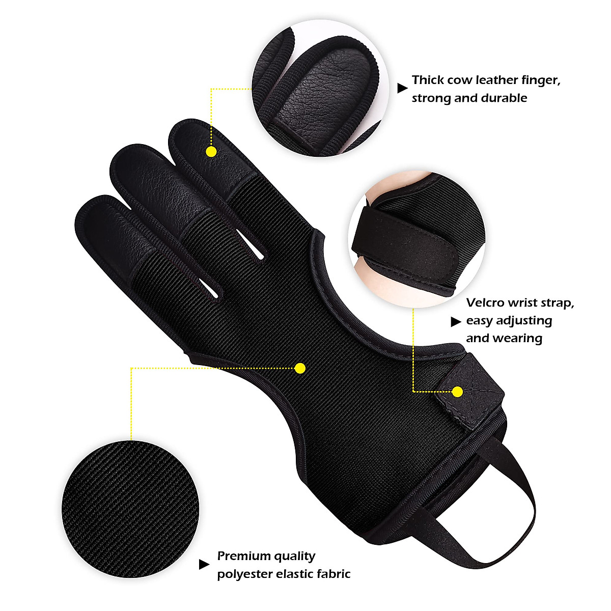 ChinFun Archery Gloves Leather Practice Shooting Hunting Three Finger Archery Protective Gear Accessories for Youth Adult Beginner Black S