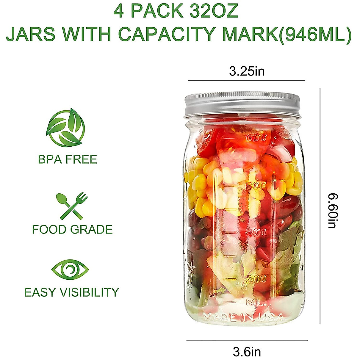 ball mason 4 Ball Mason Jar - 32 oz. Clear glass jars with wide mouth lips, with 4 lip colors and Lyeusa cleaning brush Clear glass container