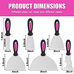 ThinkLearn Pink Putty Knife Set, Drywall Tools1" 2" 3" 4" 6" 8", Stainless Steel Putty Knife, Wallpaper Scraper Tool for Painting, Decorating, Removeing Decals and Mud（6PCS）
