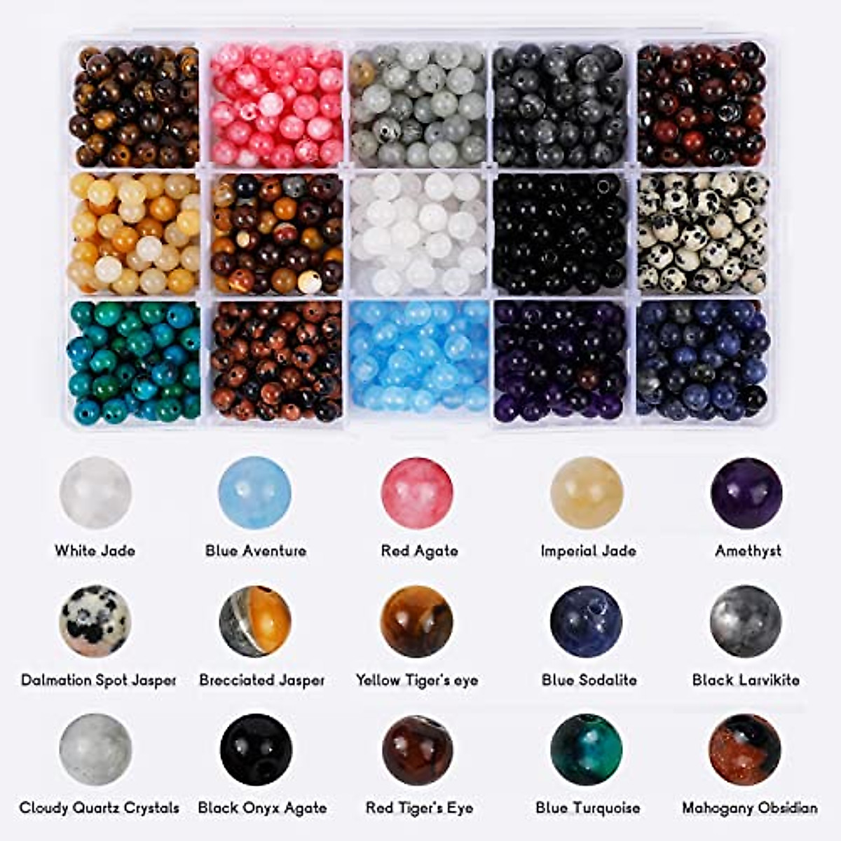 Natural Round Stone Beads Genuine Real Gemstones Smooth Beads with 800pcs 6mm 15 Kinds for Jewelry Making Bracelet Earrings Necklace DIY Crafting Art Crafts
