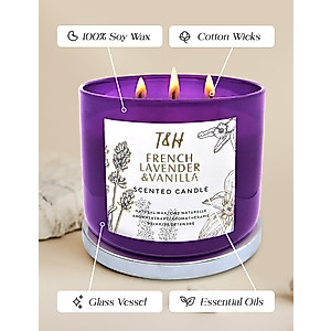 Lavender Vanilla Aromatherapy Candle 3-Wick | Scented Candle for Home | 15.8 oz Large Soy Candle | Relaxing Candle with Long Lasting Fragrance | Decorative Candle Gift for Women