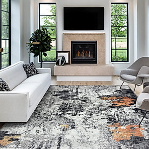 OIGAE Washable Rug 6x9, Abstract Modern Area Rugs with Non-Slip Backing, Non-Shedding Floor Mat Throw Carpet for Living Room Bedroom Kitchen Laundry Home Office, Grey/Yellow