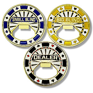Luck Lab Set of 3 Metal Bottle Opener Poker Buttons - Dealer Button, Big Blind and Small Blind Metal Weights (Position Markers) for Texas Hold Em - 2 inch