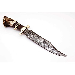 Skokie Knives Damascus Steel hunting Knife Stag Antler Handle with Burl Wood & Brass Guard –15” Handmade Premium Quality Sharp Edge Fix Blade - Genuine Multipurpose Knife – Ideal for Hunting, Camping