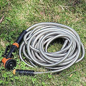 Besiter Garden Hose 50FT Stainless Steel Water Hose with 10 Functions Adjustable Spray Nozzle, Heavy-Duty Metal Garden Hose Flexible Durable No-Tangle & Kink Leak Dog Proof Hose for Yard Lawn(Orange)