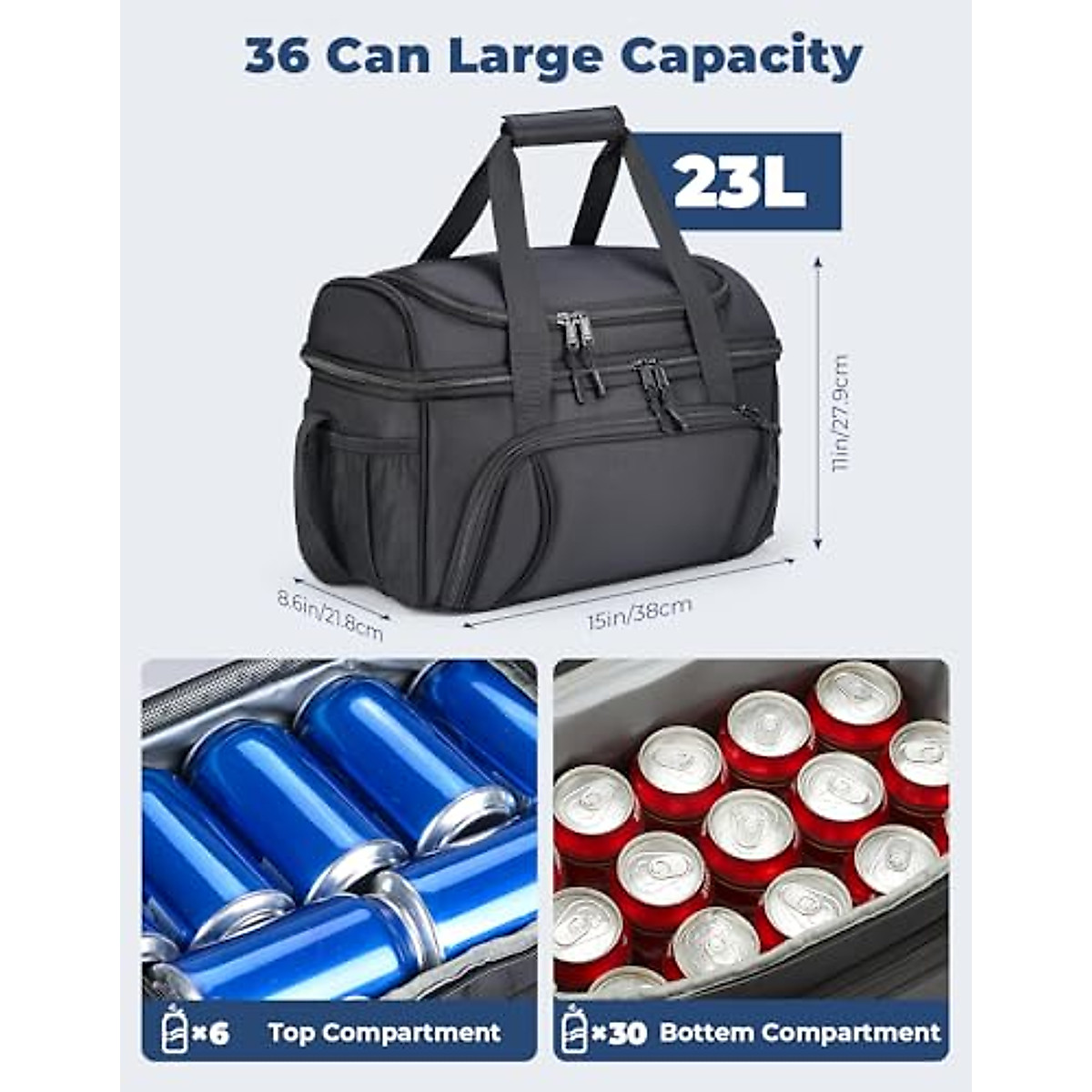 DEERFAMY Super Large Lunch Bag Insulated Cooler Bag Lunch Bag for Women Men, Lightweight Soft Cooler Bag Portable for Work Travel Road-Trip Sport Camping Picnic Black