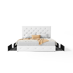 SHA CERLIN Upholstered Queen Platform Storage Bed Frame with 4 Drawers, Adjustable Headboard with Faux Leather Diamond Button Tufted Design, Wooden Slat Support, No Box Spring Needed, White