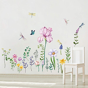 decalmile Garden Flower Wall Decals Narcissus Iris Floral Dragonfly Wall Stickers Bedroom Living Room TV Wall Home Decor