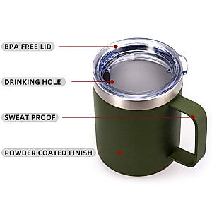 CIVAGO Stainless Steel Coffee Mug Cup with Handle, 12 oz Double Wall Vacuum Insulated Tumbler with Lid, Reusable and Durable Travel Coffee Cup Thermal Cup, Olive