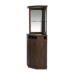 Home Source 73" Tall Corner Storage Cabinet with Wood Doors, Wine Rack, Liquor Glass Holder, Glass Design Large Rustic Bar Hutch for Living Room, Home Office, Kitchen, Small Space, Mahogany