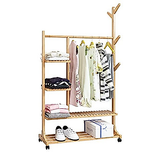 YXDFG Clothing Rack Bamboo Garment Rack,Rolling Clothes Rack,Multifunctional Bedroom Hanging Rack, 4 Layers Wardrobe Storage Shelves with Wheels 6 Hooks